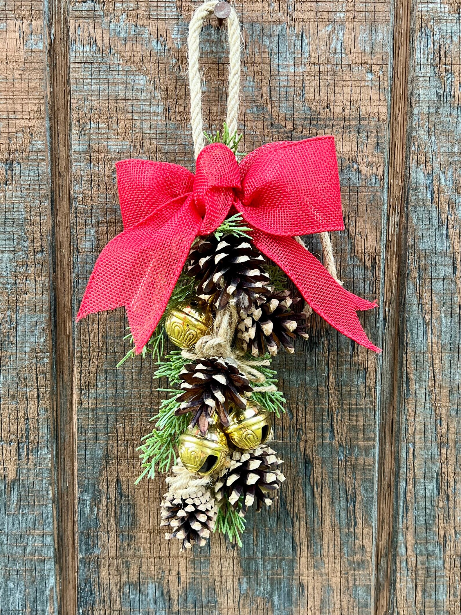 Yule Witch Bells, Sleigh Bells, Natural Pine Cones, Doorknob Hanger, Jingle Bells, Burlap Twine ...