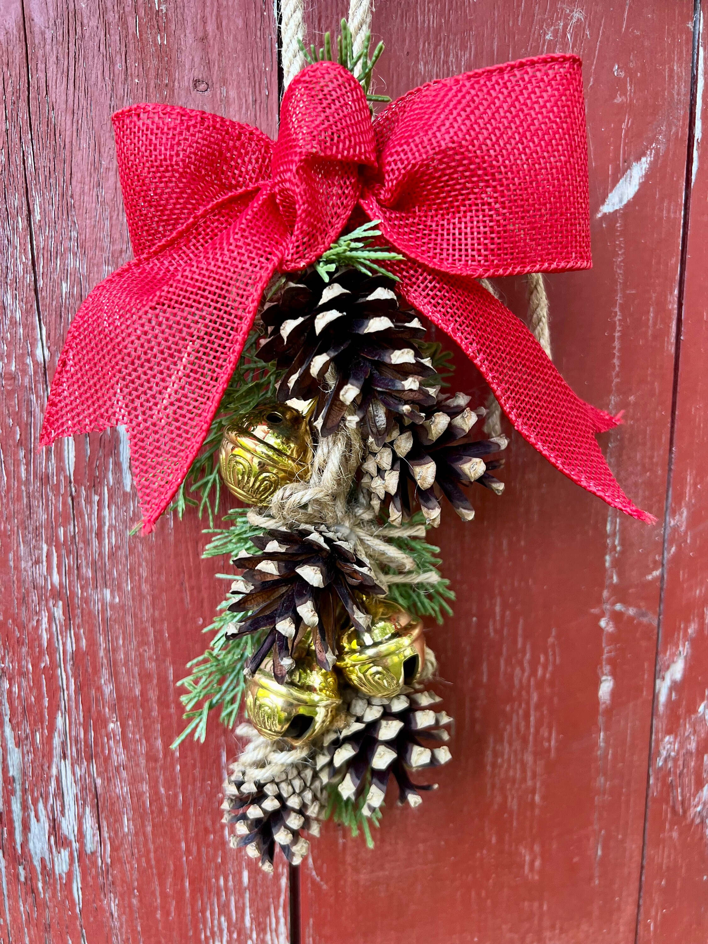 Yule Witch Bells, Sleigh Bells, Natural Pine Cones, Doorknob Hanger, Jingle Bells, Burlap Twine ...