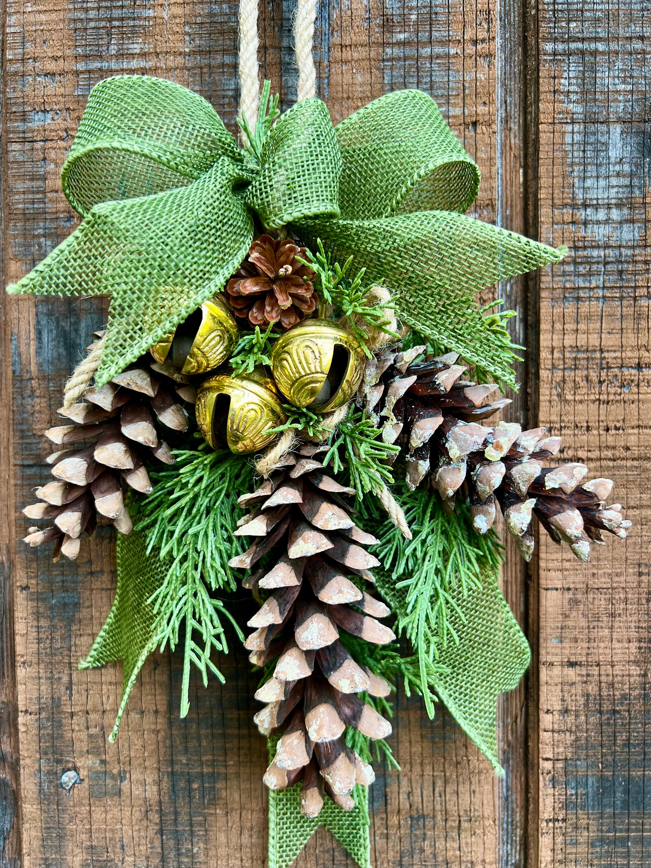 Yule Witch Bells, Sleigh Bells, Natural Pine Cones, Doorknob Hanger, Small Door Decor, Jingle ...