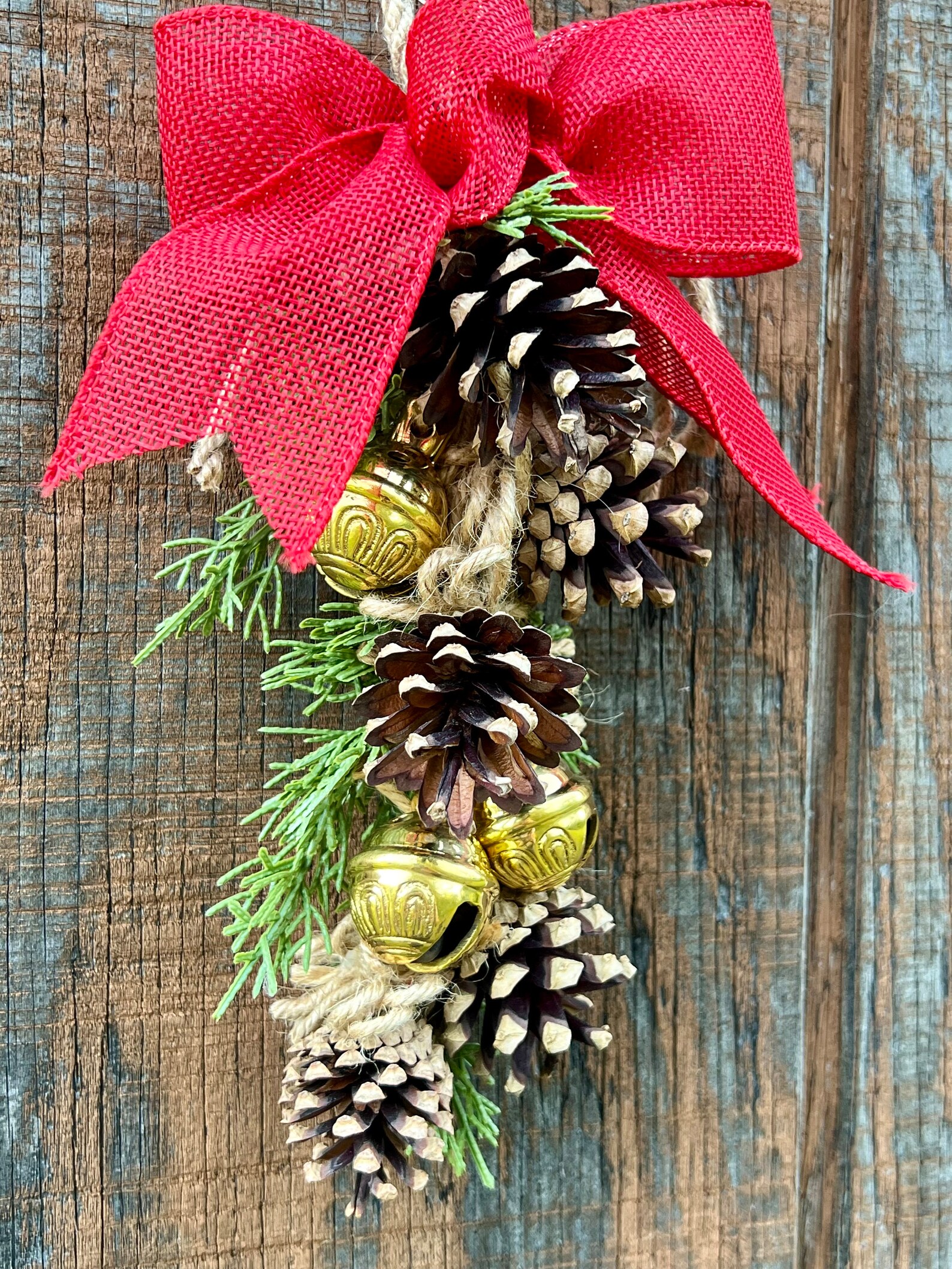 Yule Witch Bells, Sleigh Bells, Natural Pine Cones, Doorknob Hanger, Jingle Bells, Burlap Twine ...