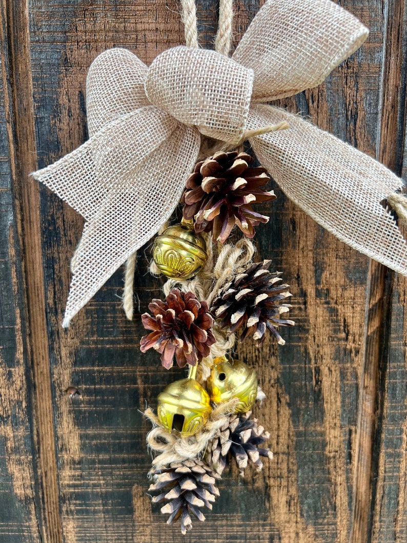 Yule Witch Bells, Sleigh Bells, Natural Pine Cones, Doorknob Hanger, Small Door Decor, Jingle ...