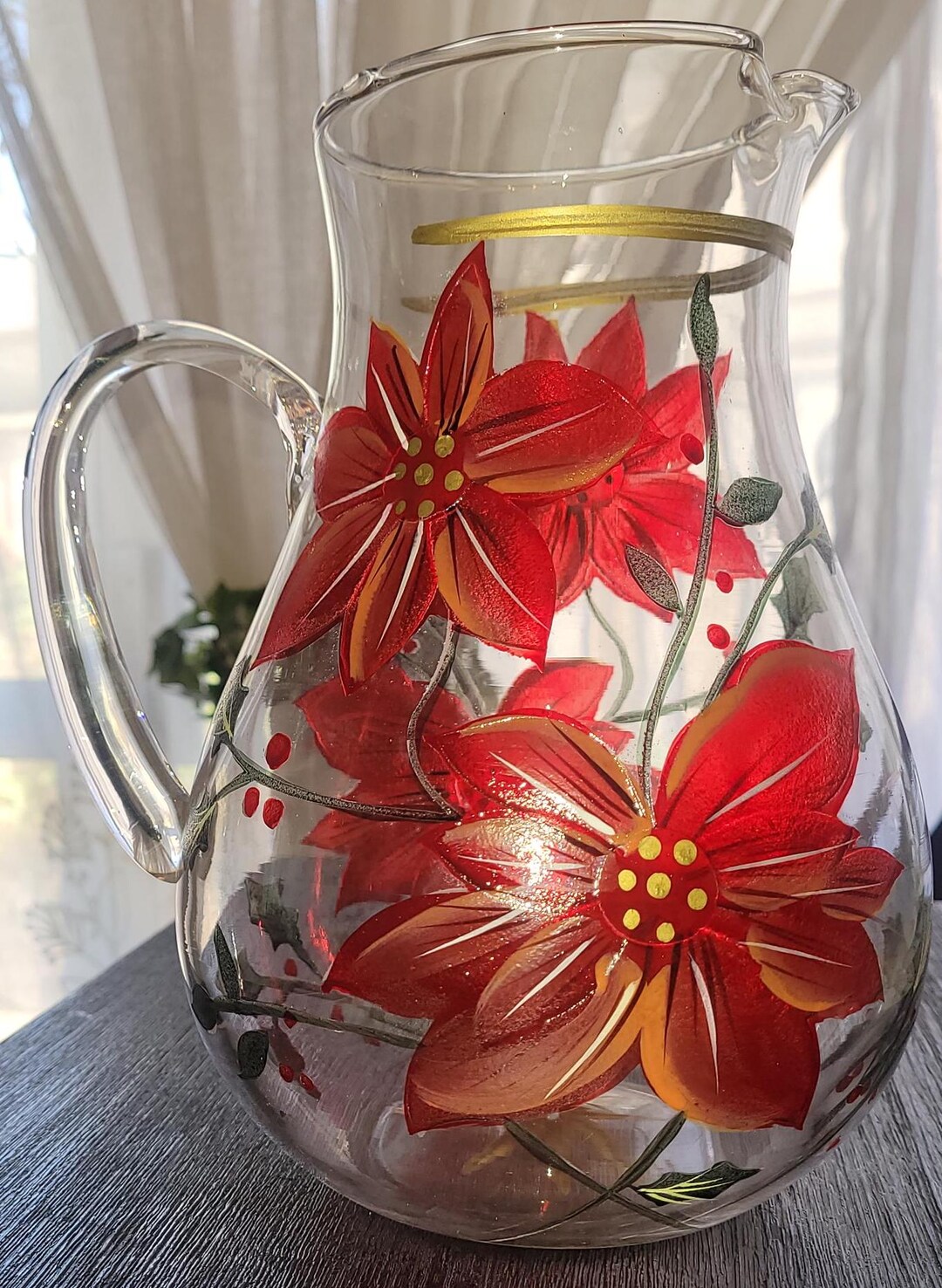 VTG Hand Carved, Mouth Blown and Hand Painted Poinsettia Pitcher ...