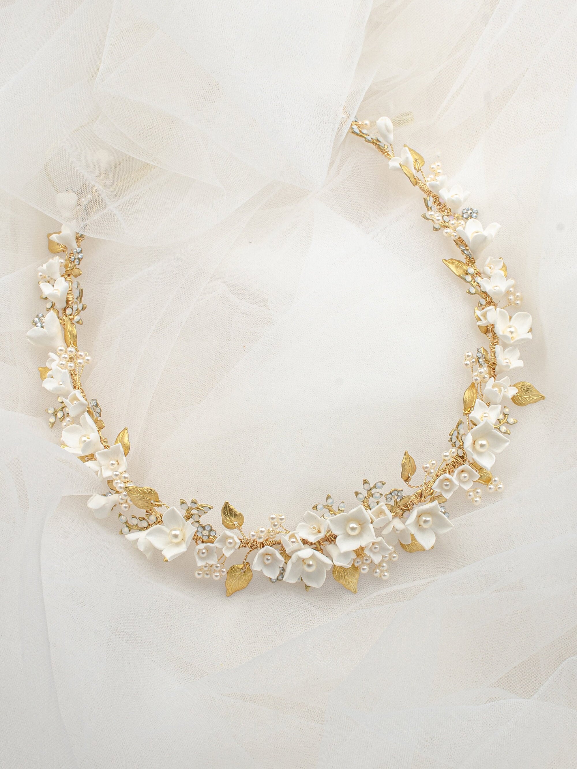 JOURNEY Delicate White and Gold Flower Bridal Tiara, Rose Gold Flower ...