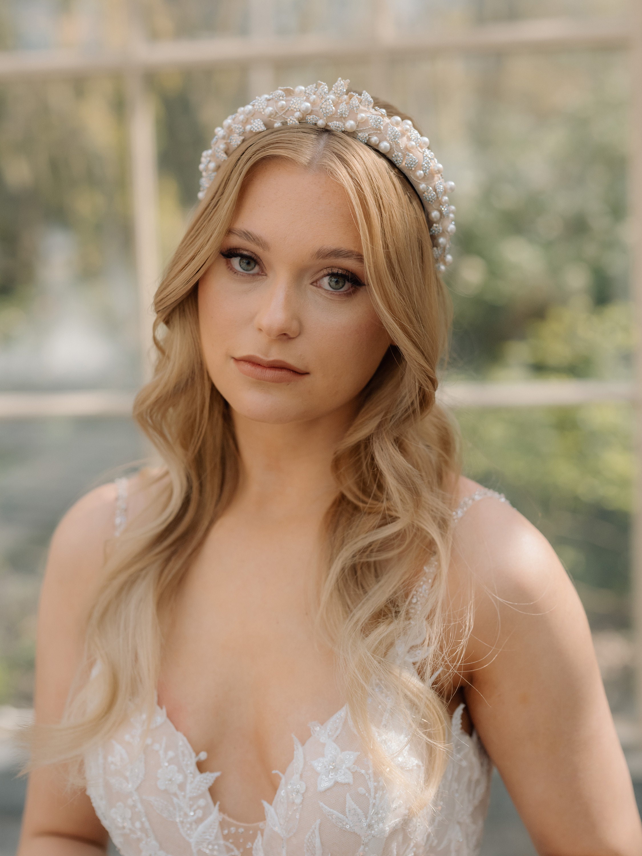 MILENA Ivory Nude Pearl Leaf Bridal Headband, Wedding Silver Leaf and Crystal Hair Accessory ...