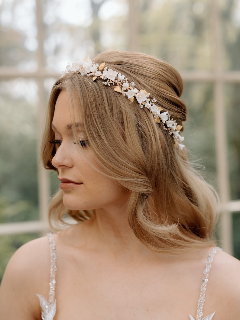 JOURNEY Delicate White and Gold Flower Bridal Tiara, Rose Gold Flower ...