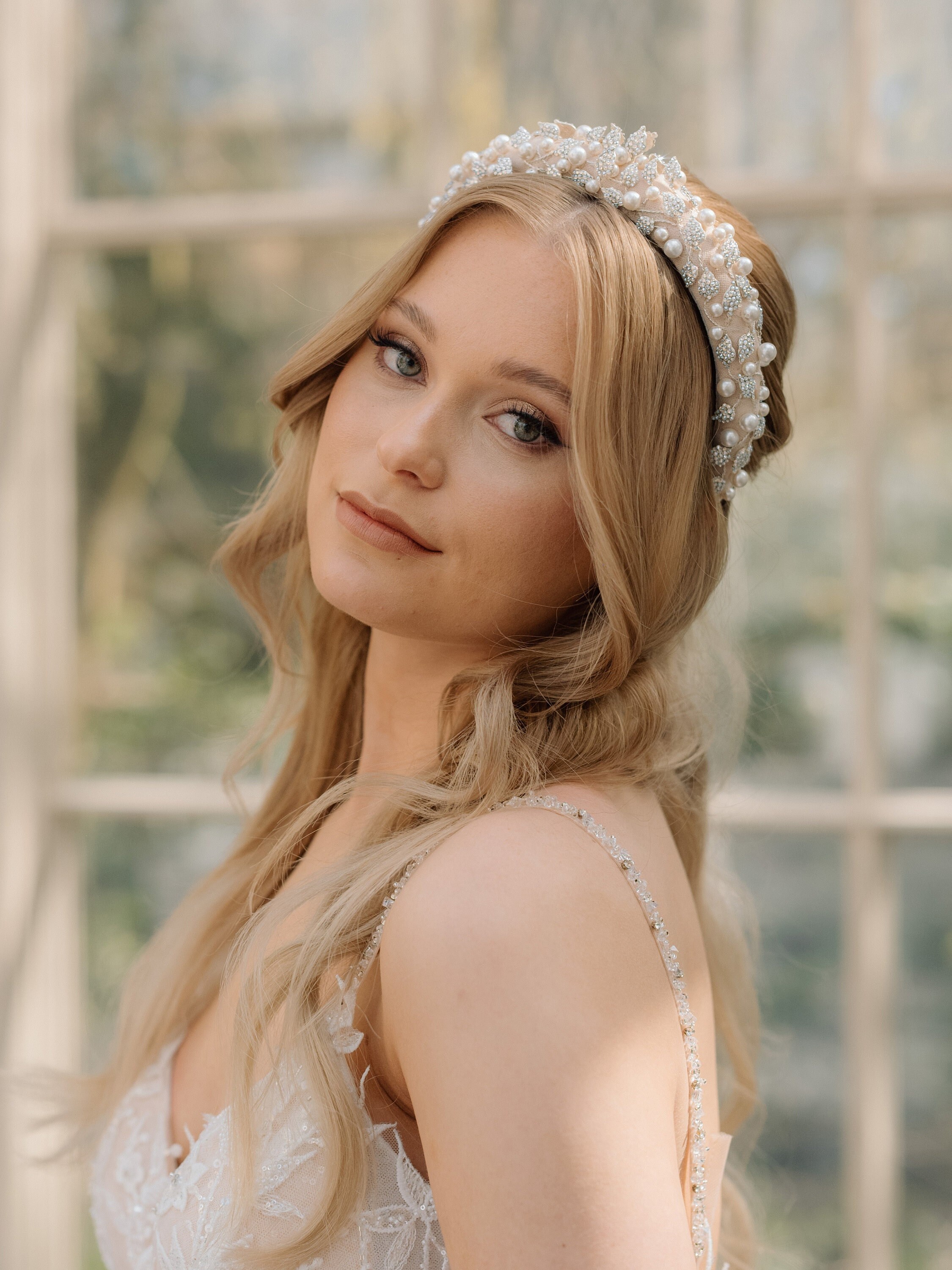 MILENA Ivory Nude Pearl Leaf Bridal Headband, Wedding Silver Leaf and ...