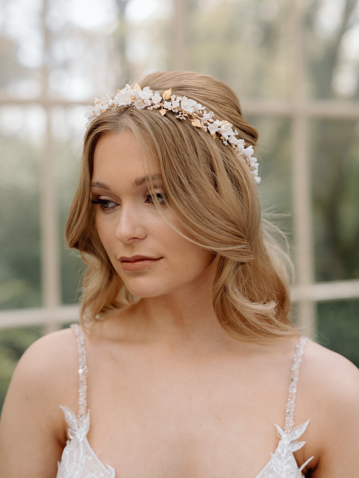 JOURNEY Delicate White and Gold Flower Bridal Tiara, Rose Gold Flower ...