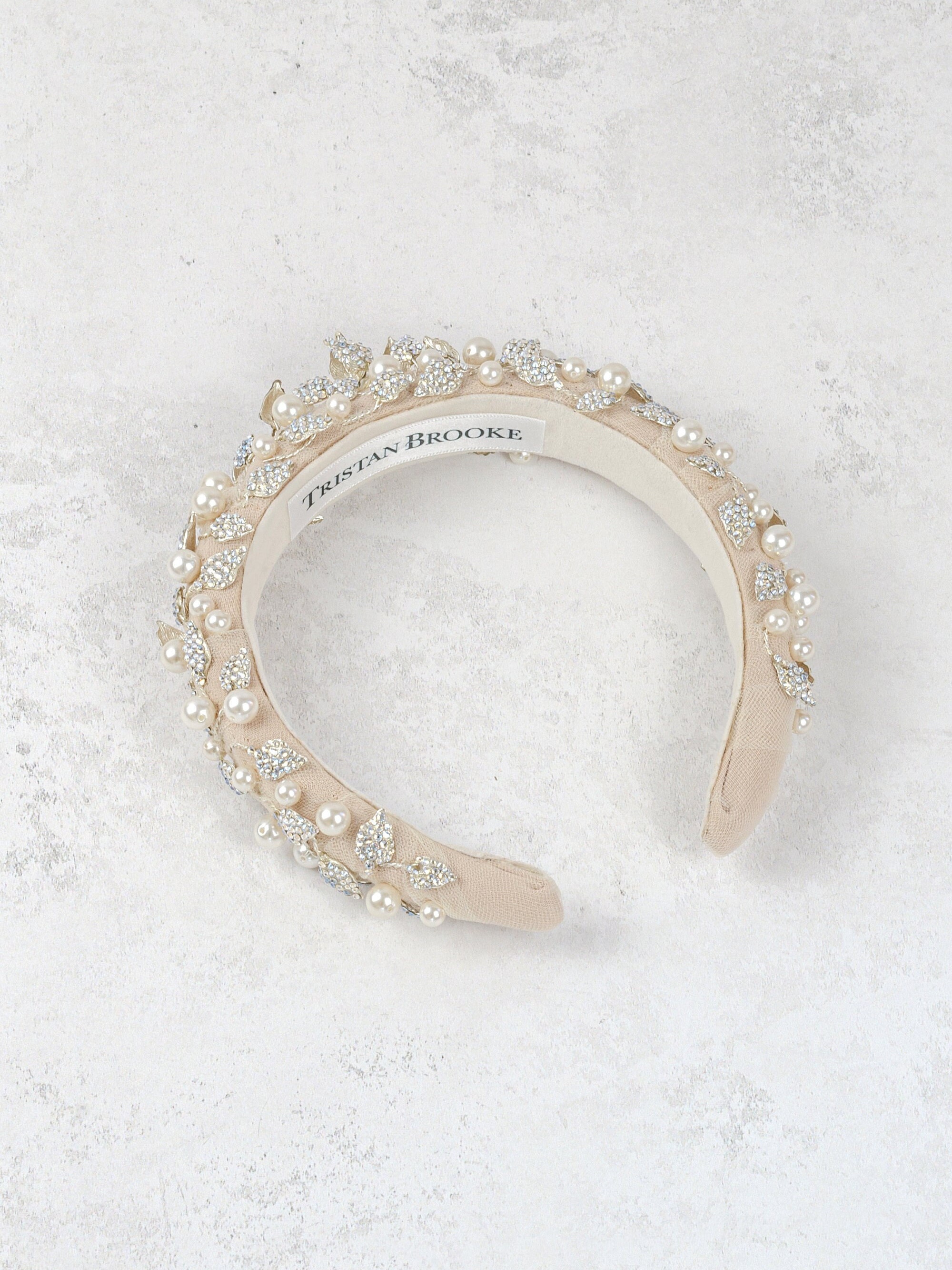 MILENA Ivory Nude Pearl Leaf Bridal Headband, Wedding Silver Leaf and Crystal Hair Accessory ...