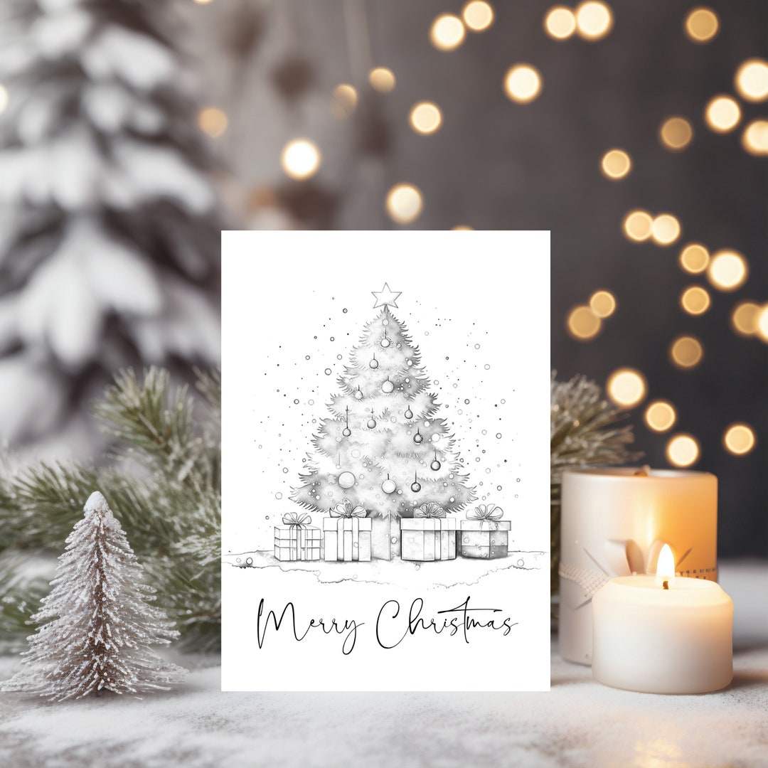 Merry Christmas Card, Printable Christmas Card, Black and White ...