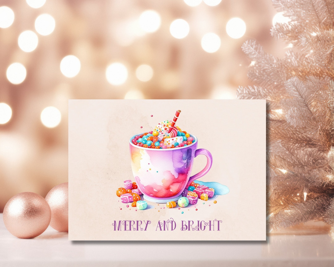Merry and Bright Card, Hot Cocoa Printable Christmas Card, Candy ...