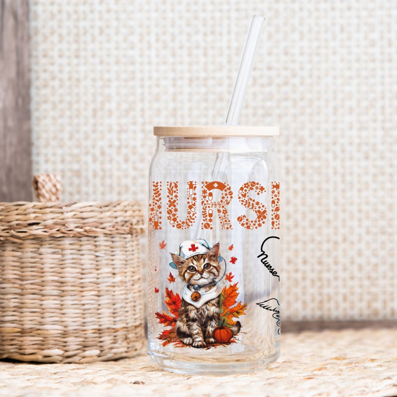 NICU Nurse Fall Cat Glass Tumbler With Lid, Autumn Nurse Gift, Cute Cat ...