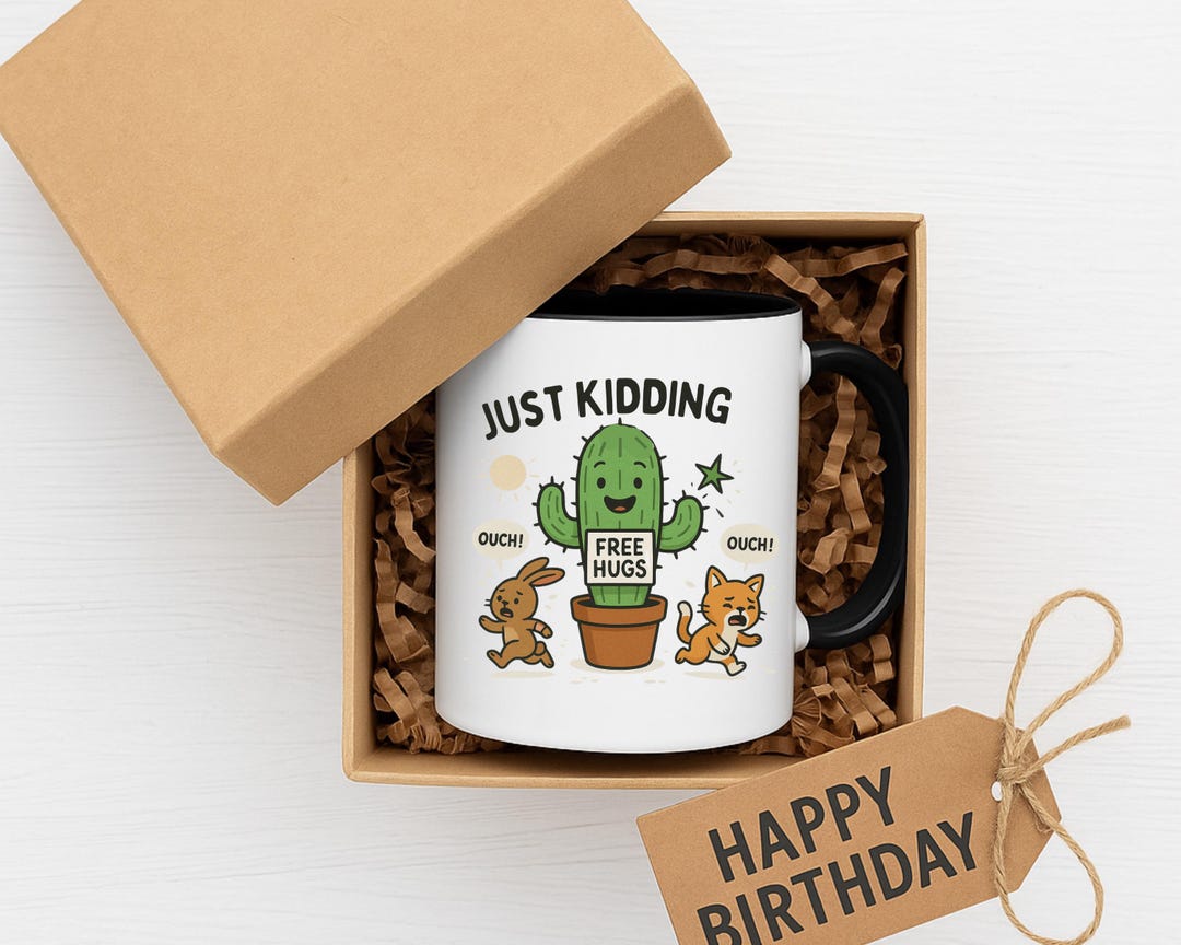 Funny Cactus Mug - Just Kidding Free Hugs Cute Plant Humor Coffee Cup ...