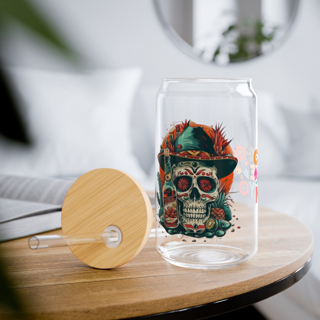 Cinco De Mayo Skull Glass Tumbler, Mexican Fiesta Theme, Colorful Sugar Skull Drinkware ...