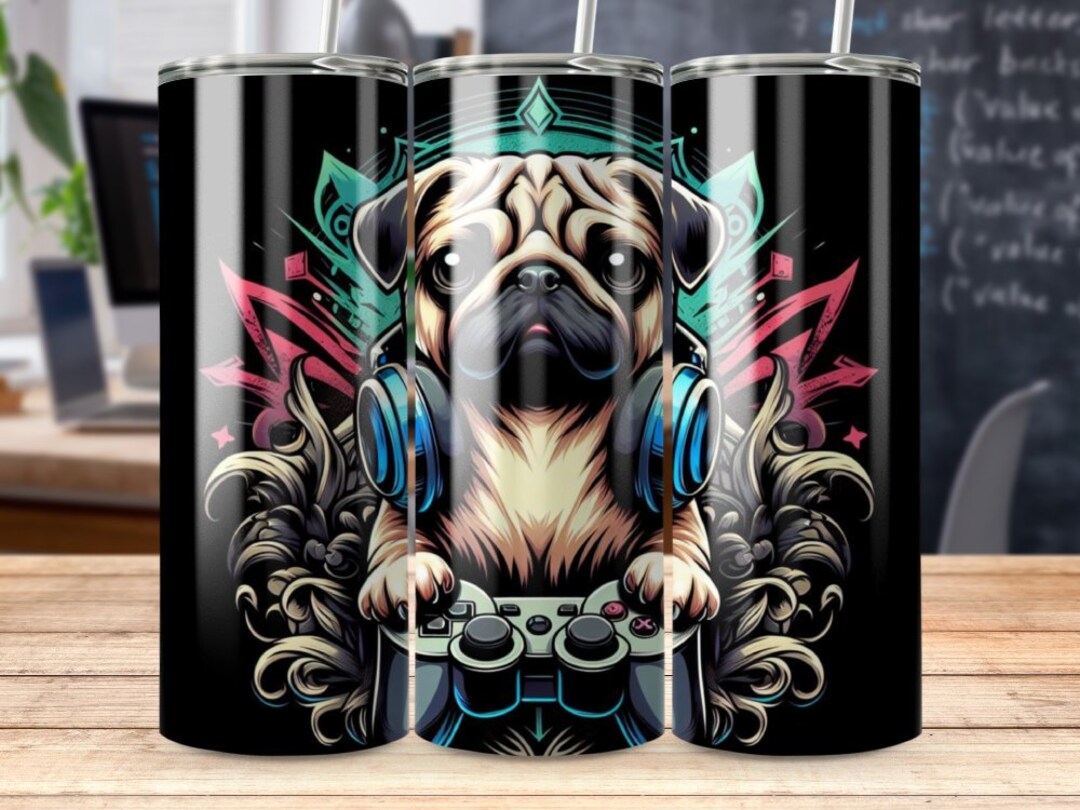 Colorful Pug Dog DJ With Headphones Gamer Tumbler, Unique Graphic ...