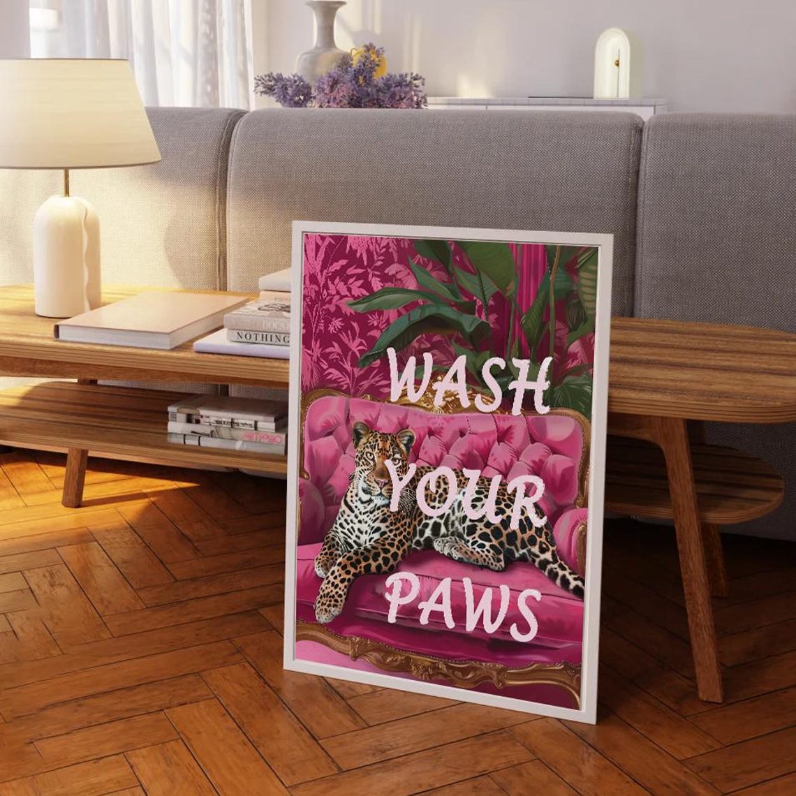 Funny Cheetah Leopard Bathroom Art, Wash Your Paws Printable (digital ...