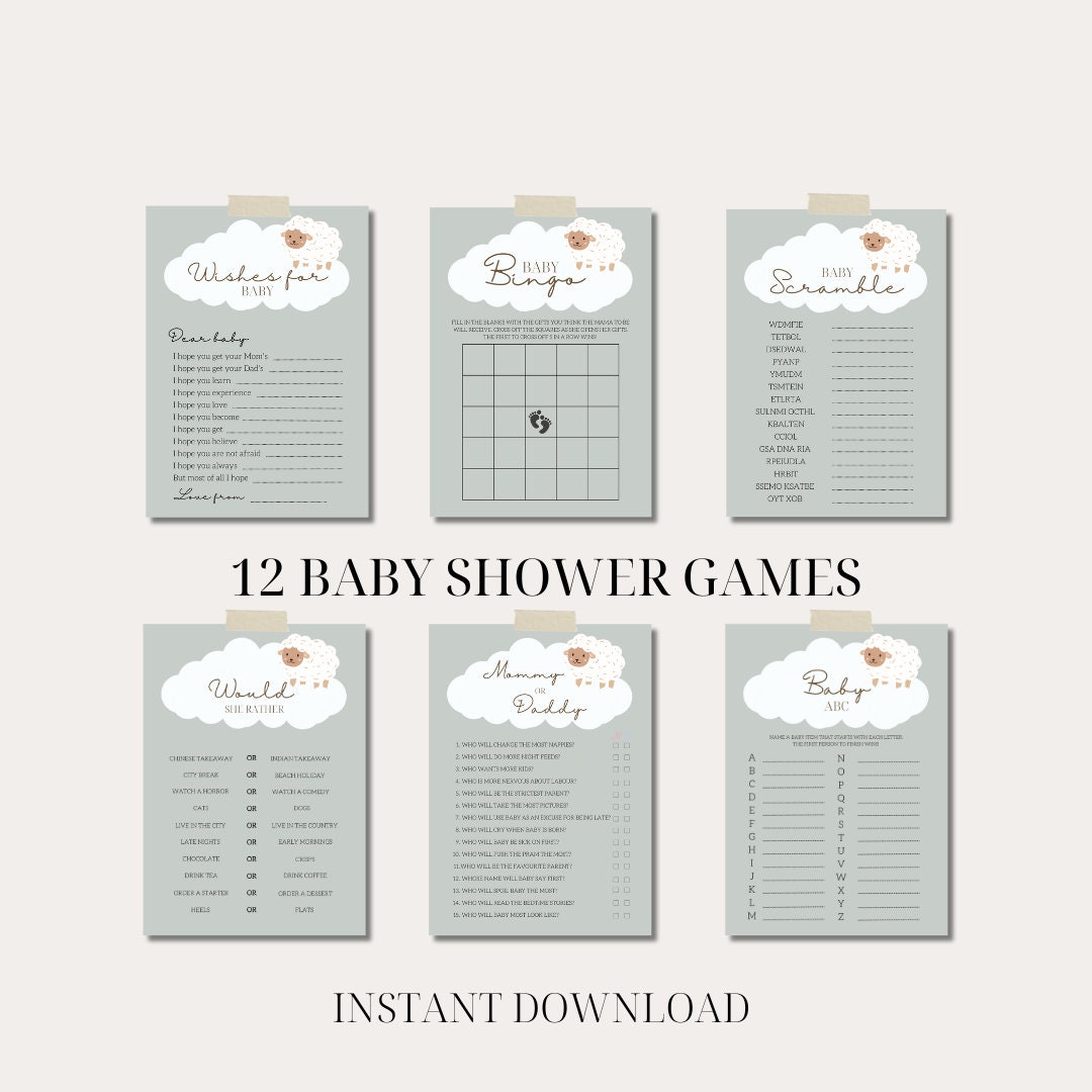 12 Little Lamb Baby Shower Games Printable | Sheep Cloud Theme Digital ...