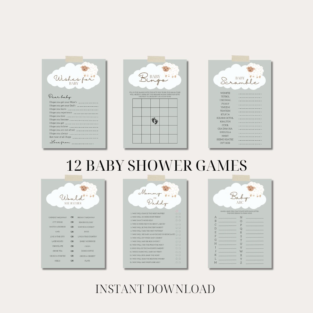 12 Little Lamb Baby Shower Games Printable | Sheep Cloud Theme Digital ...
