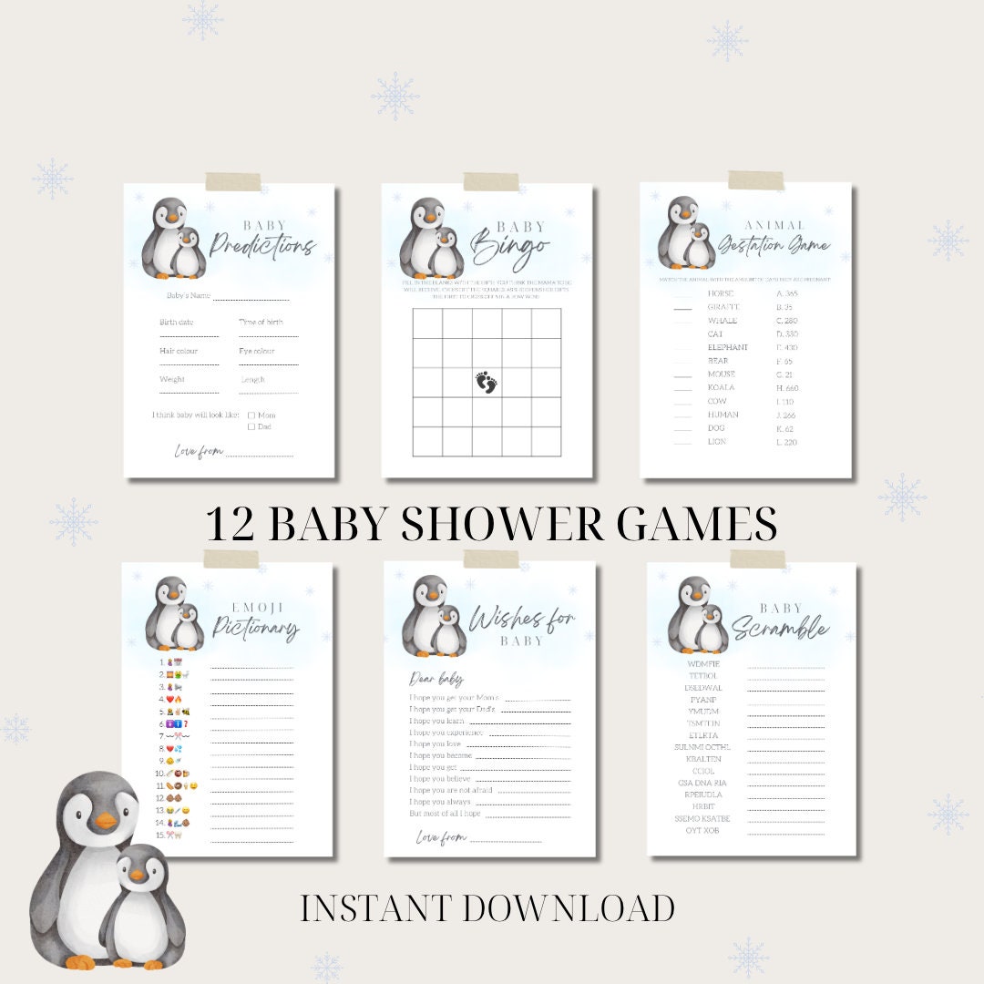 12 Penguin Baby Shower Games Printable | Let It Snow Snowflake Winter ...