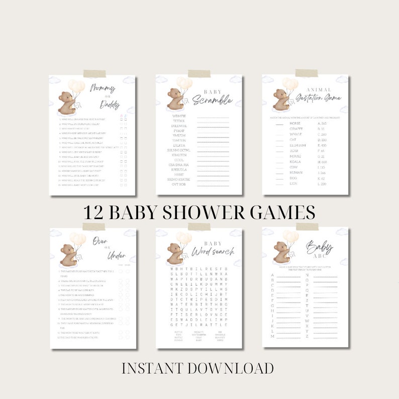 12 Bear & Cloud Baby Shower Games Printable | Beary Cute Digital ...