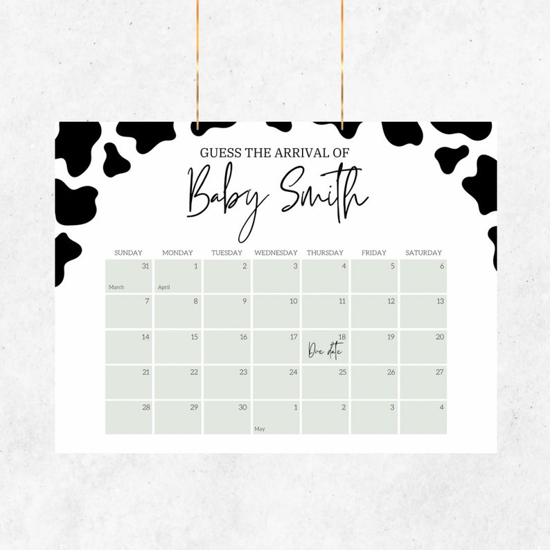 Editable Cow Print Baby Due Date Calendar Template Baby Shower Birth ...