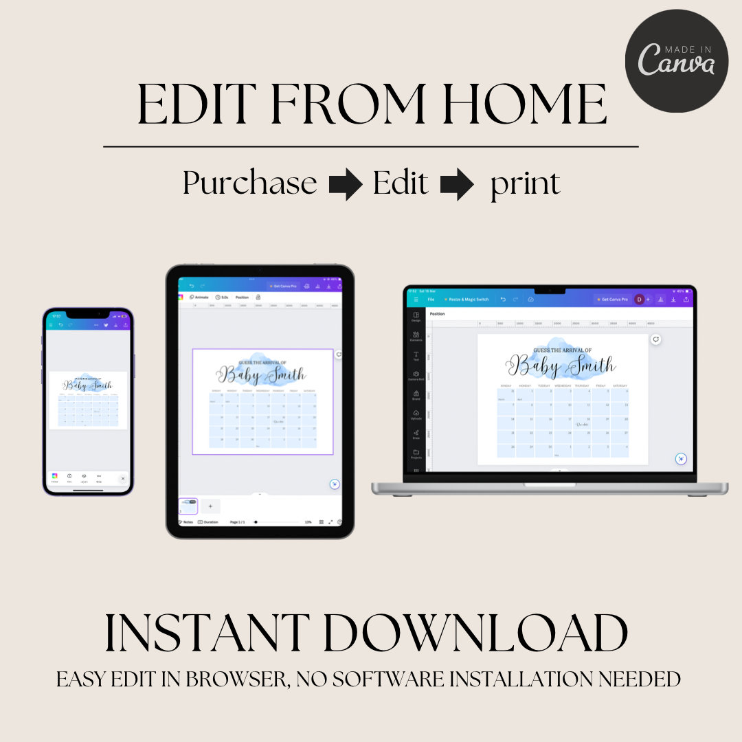 Editable Cloud Baby Due Date Calendar Template Blue Watercolour Baby ...