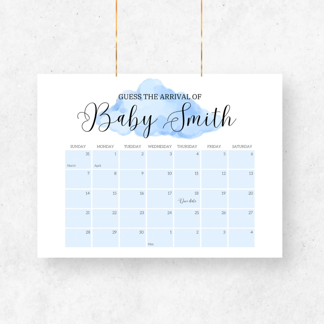 Editable Cloud Baby Due Date Calendar Template Blue Watercolour Baby ...