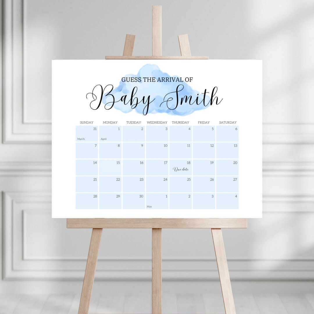 Editable Cloud Baby Due Date Calendar Template Blue Watercolour Baby ...