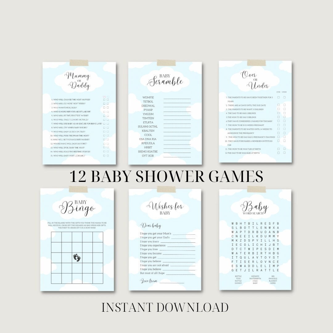 12 Cloud Baby Shower Games Printable | Cloud Theme Digital Download Fun ...