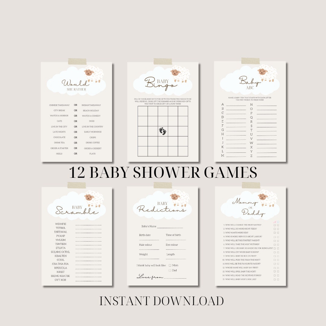 12 Little Lamb Baby Shower Games Printable | Sheep Cloud Theme Digital ...