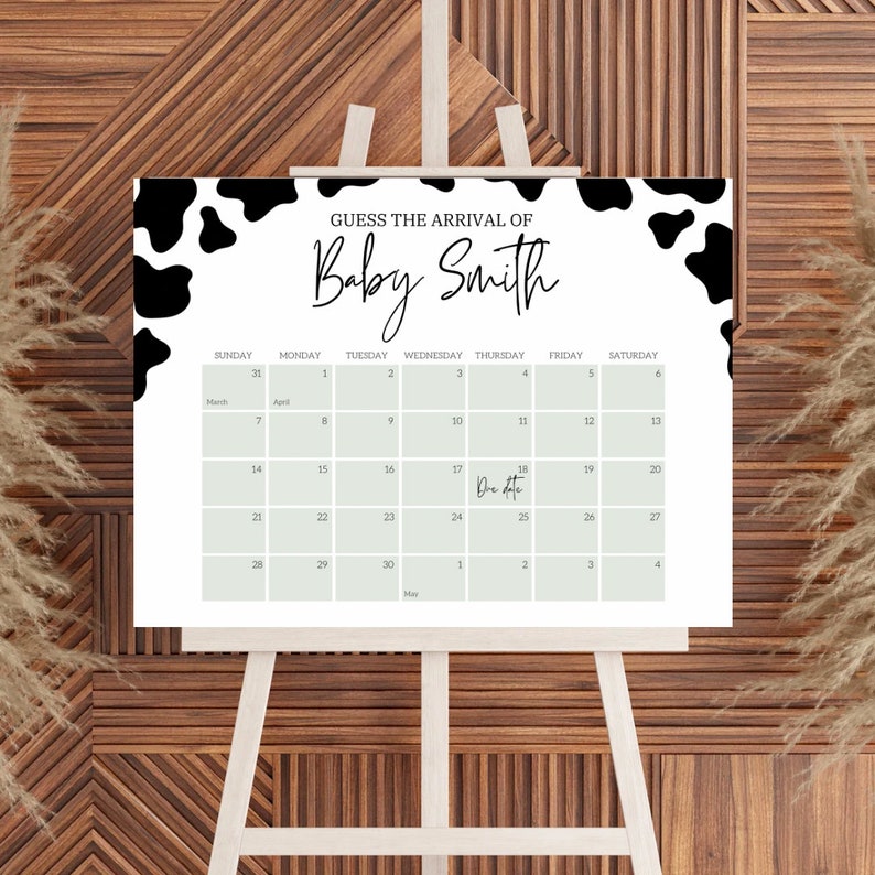 Editable Cow Print Baby Due Date Calendar Template Baby Shower Birth ...