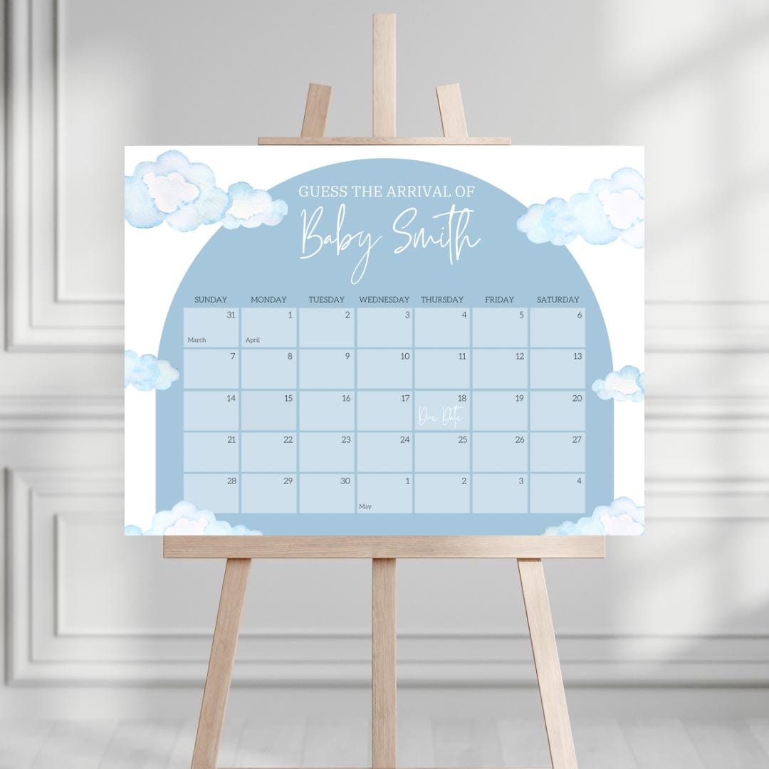 Editable Cloud Baby Due Date Calendar Template Blue Watercolour Baby ...
