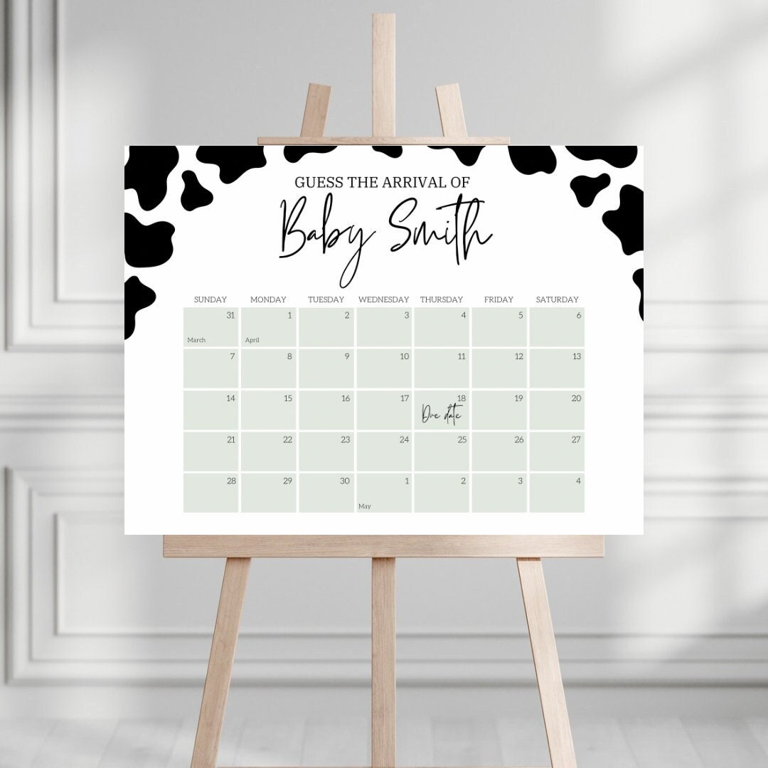 Editable Cow Print Baby Due Date Calendar Template Baby Shower Birth ...