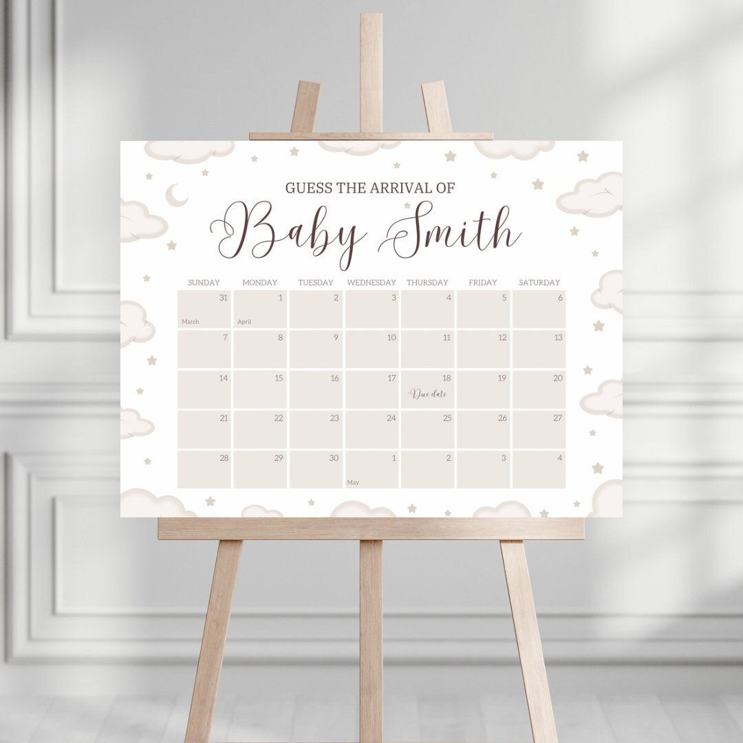 Editable Cloud Baby Due Date Calendar Template Beige Moon Stars Baby ...