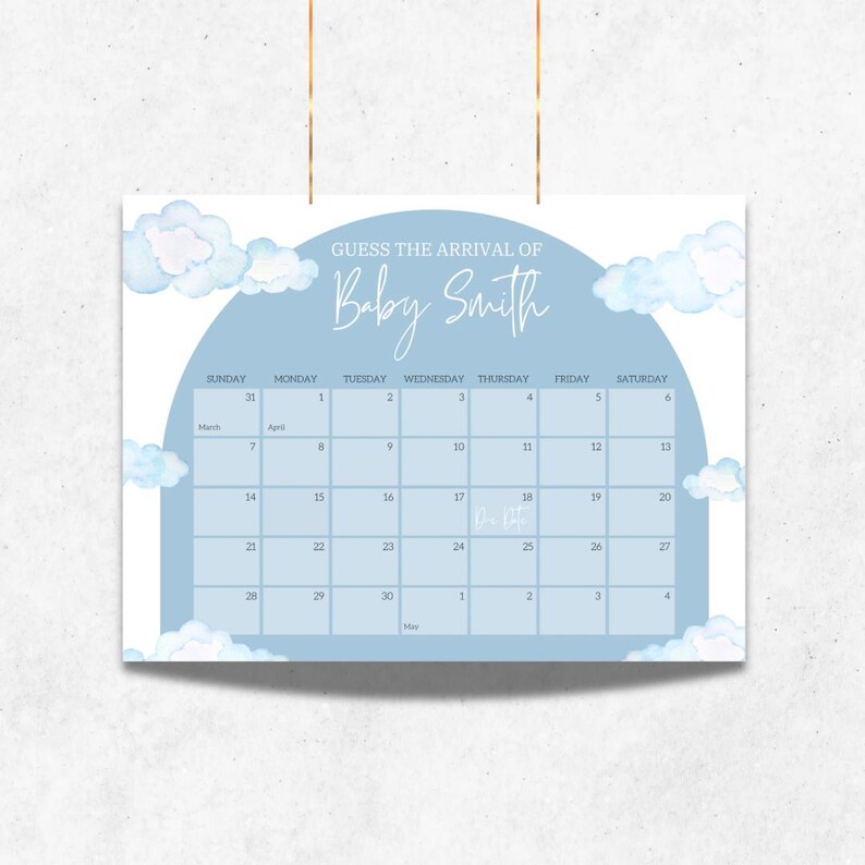 Editable Cloud Baby Due Date Calendar Template Blue Watercolour Baby ...