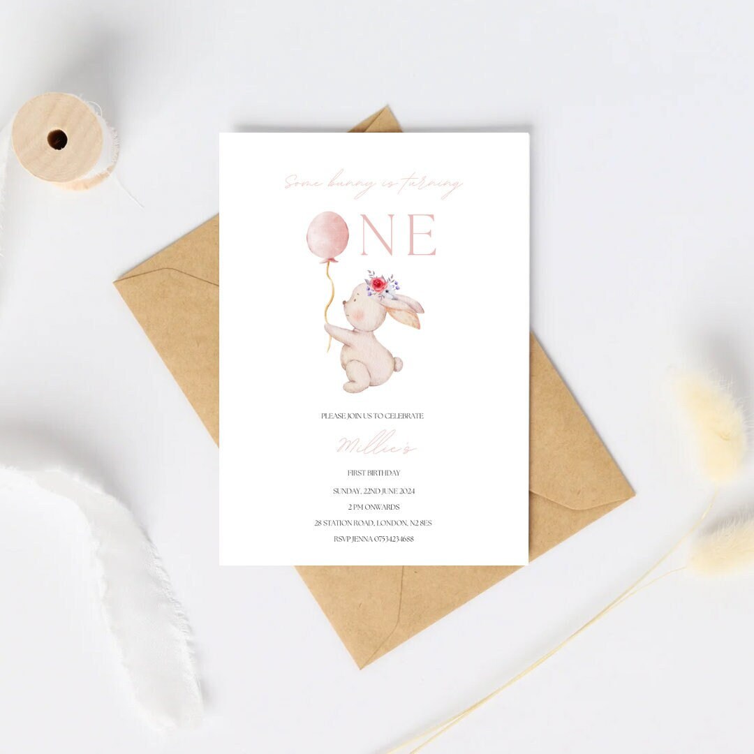 Bunny First Birthday Invitation Digital Editable Template | 1st Party ...