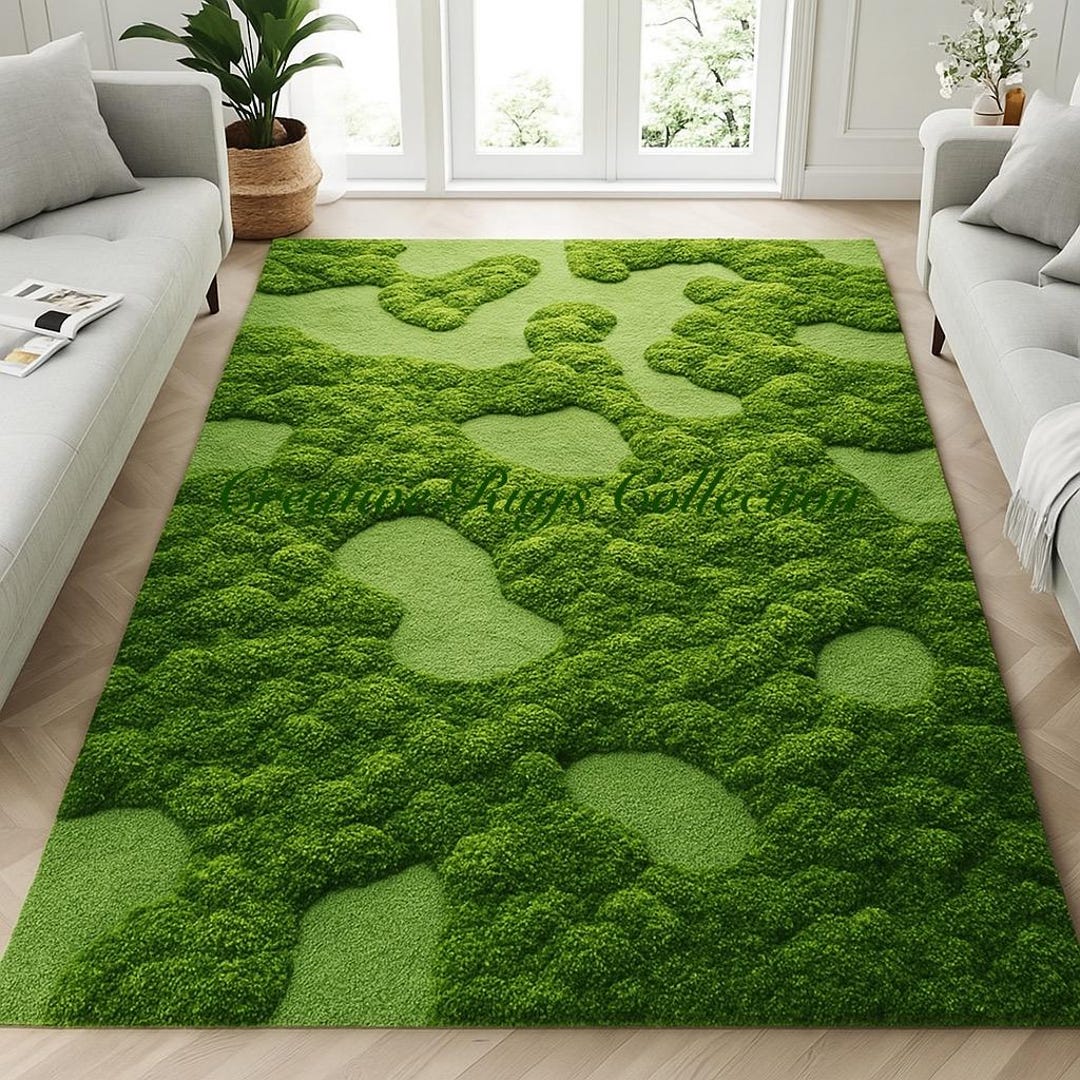 Modern Moss Green Tufted Rug | Irregular Shape 3D High-low Pile Carpet ...