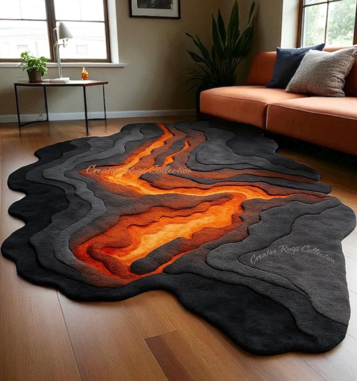 3D Volcano Lava Wool Rug: Abstract Fire Carpet Layered Multi-pile Rug ...