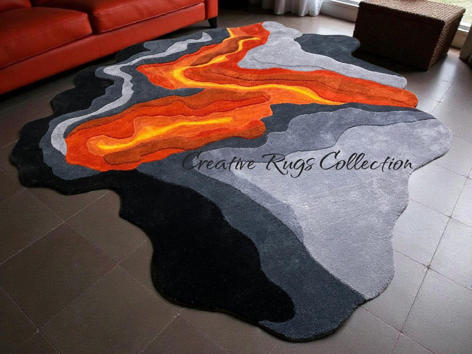 3D Volcano Lava Wool Rug: Abstract Fire Carpet Layered Multi-pile Rug ...