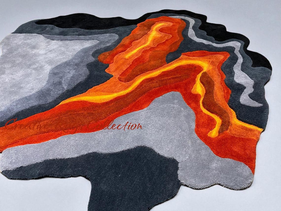 3D Volcano Lava Wool Rug: Abstract Fire Carpet Layered Multi-pile Rug ...