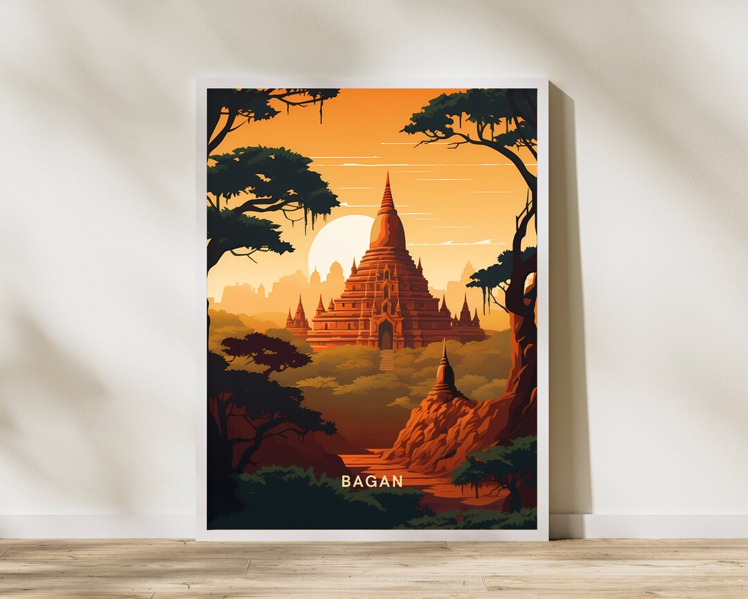 Bagan Sunset Myanmar Print Poster Travel Artwork Retro Vintage Wall Art ...