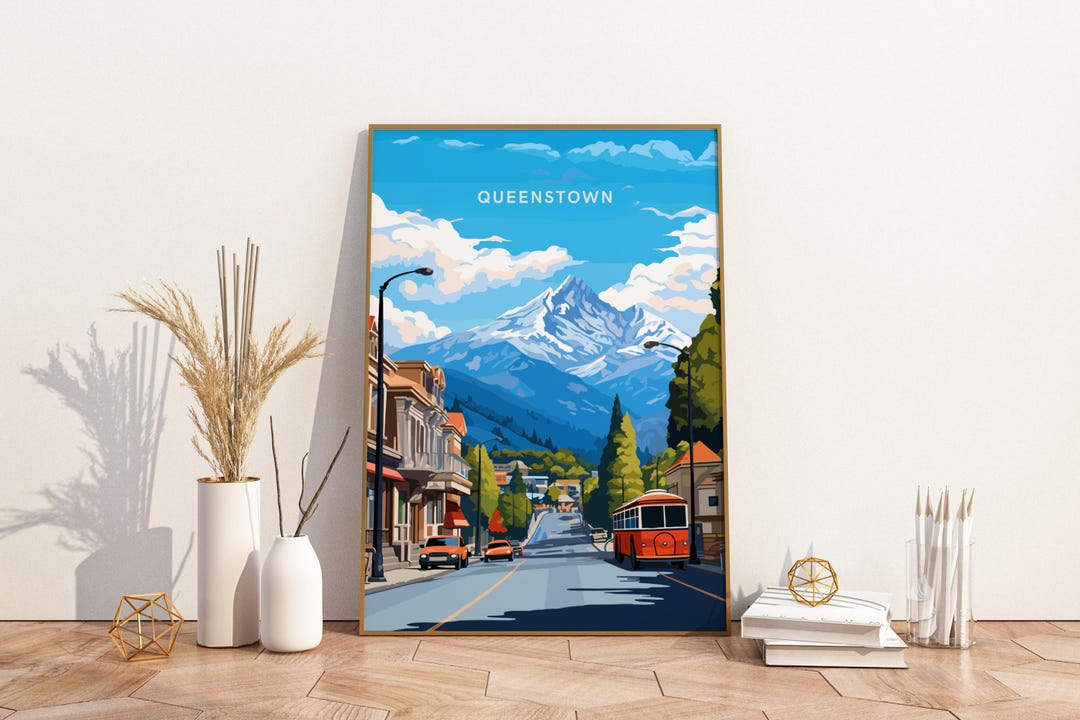 Queenstown New Zealand Print Poster Travel Artwork Retro Vintage Wall ...