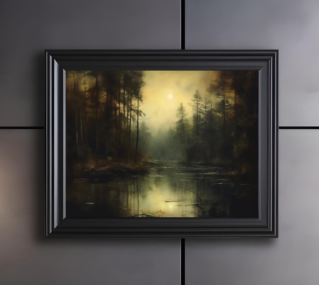 Vintage Dark Moody Forest River Landscape, Printable Gloomy Landscape ...