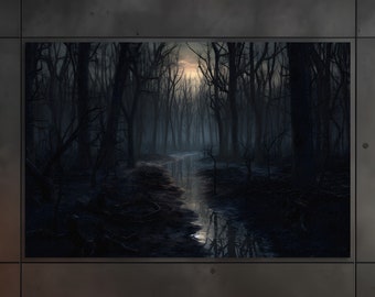 Moonlit Dark Forest Canvas or Poster, Grungy Wall Art, Abstract Dark ...