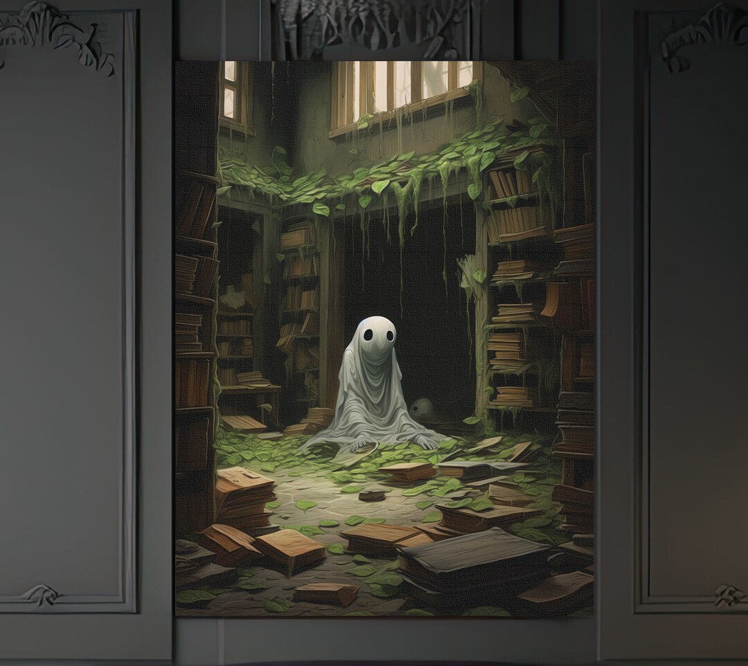 Sad Ghost in the Library Canvas or Poster, Haunting Dark Academia Print ...