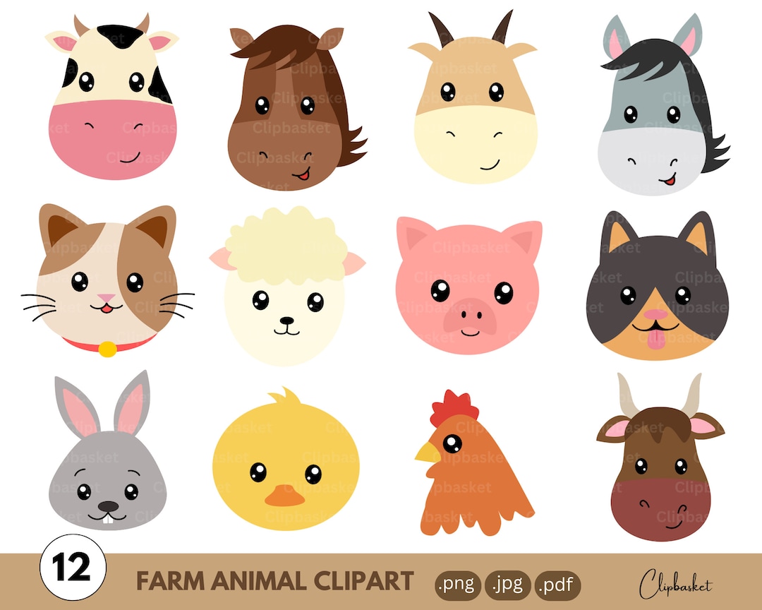 Cute Farm Animal Faces Clipart Set Nursery Farmyard Clip Art - Etsy