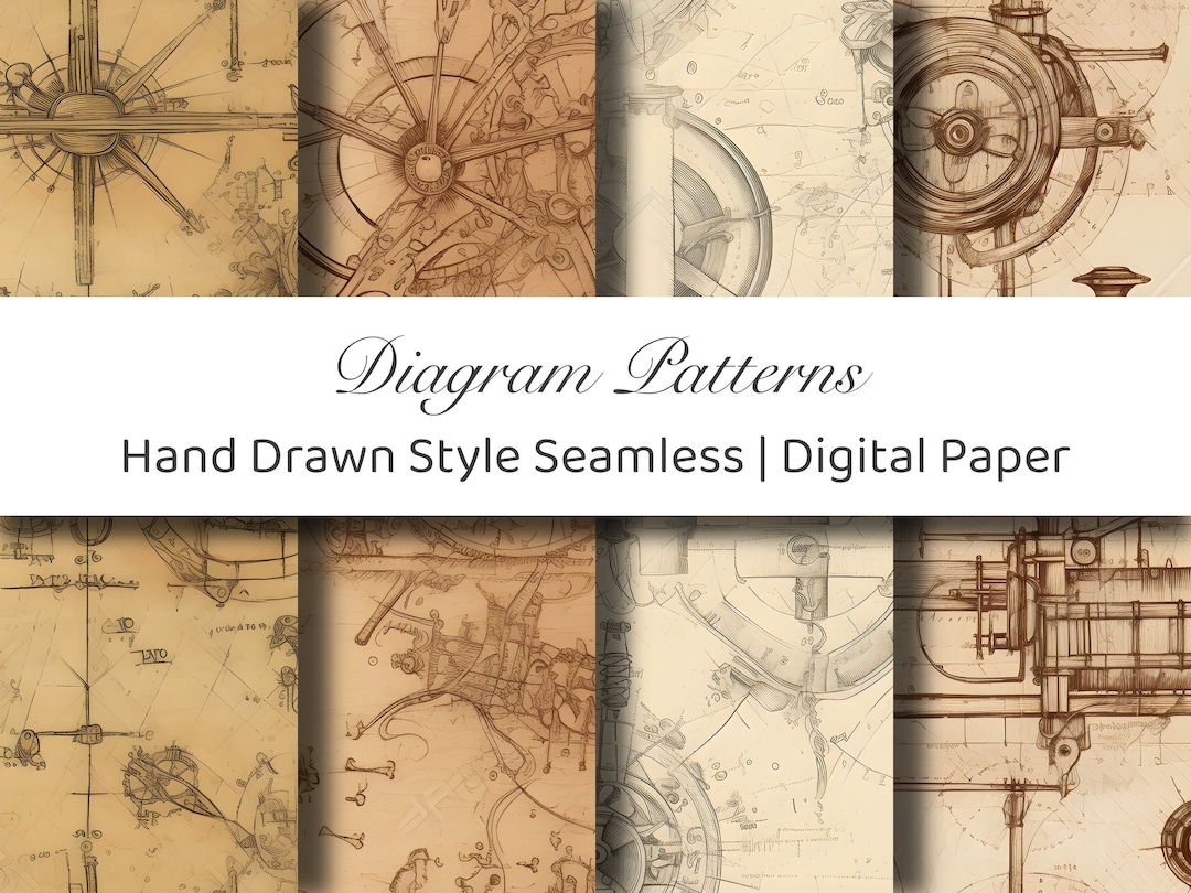 Vintage Davinci Style Diagram Patterns 4 Seamless Prints, Digital Paper ...