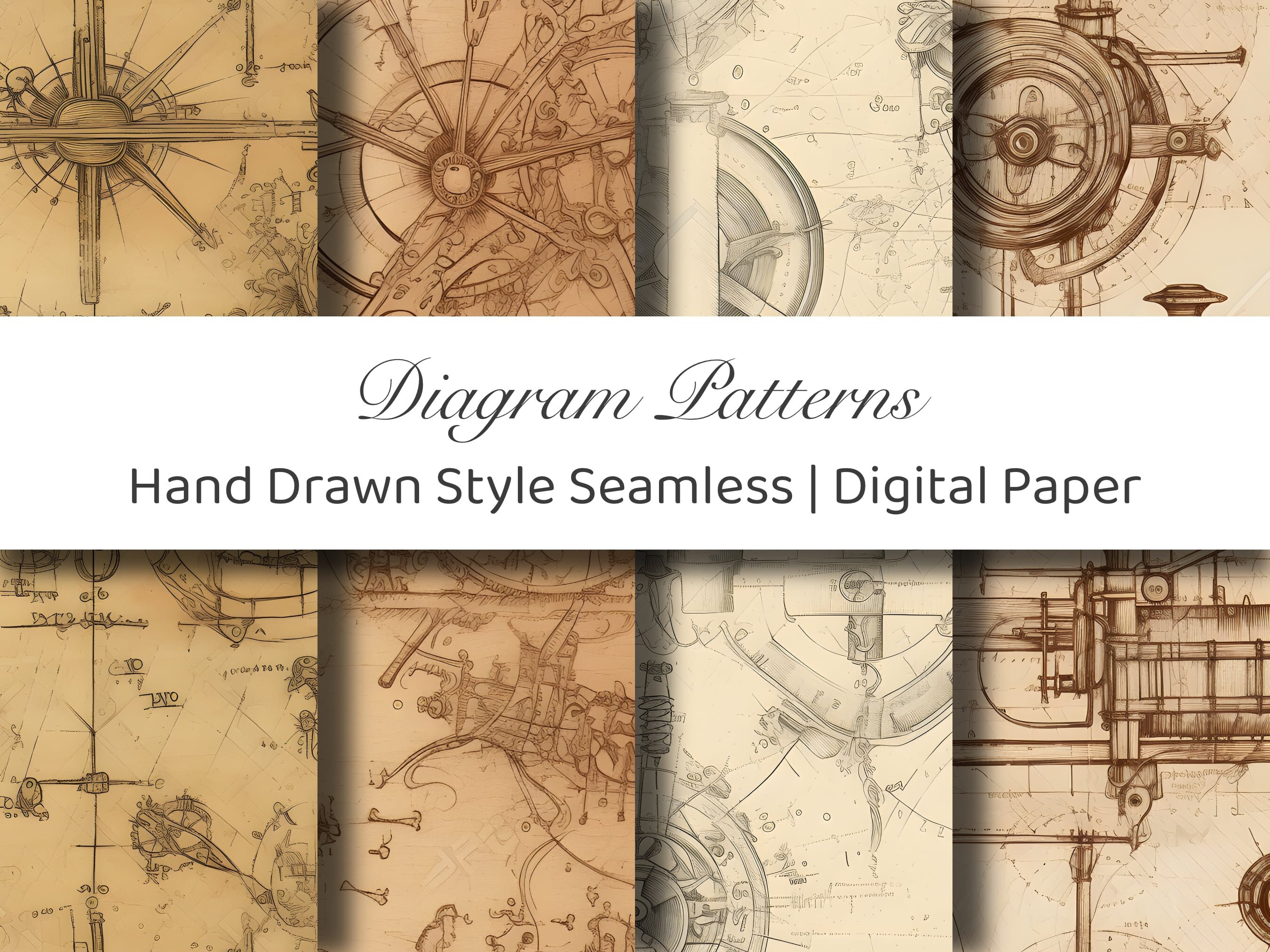 Vintage Davinci Style Diagram Patterns 4 Seamless Prints, Digital Paper ...