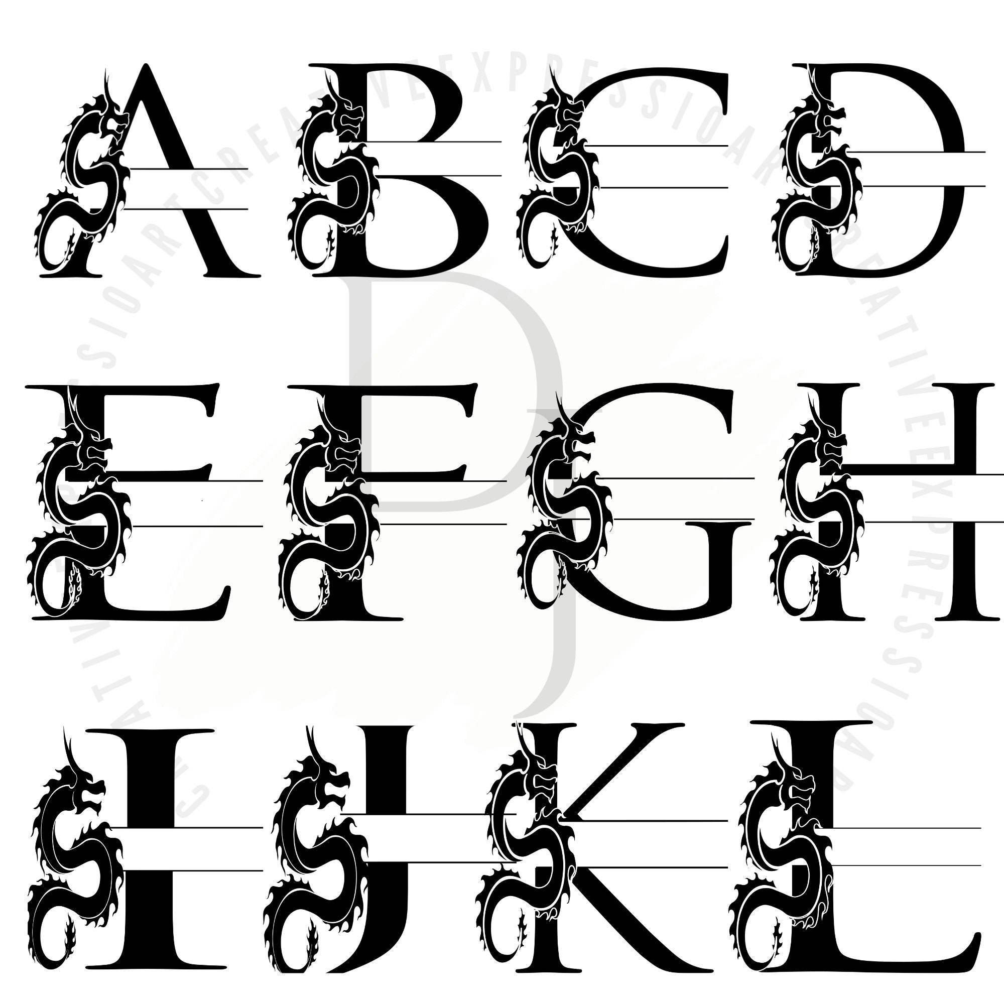 Split Monogram Dragon Alphabet SVG, DXF, Png, Ai, Eps Split Letters ...