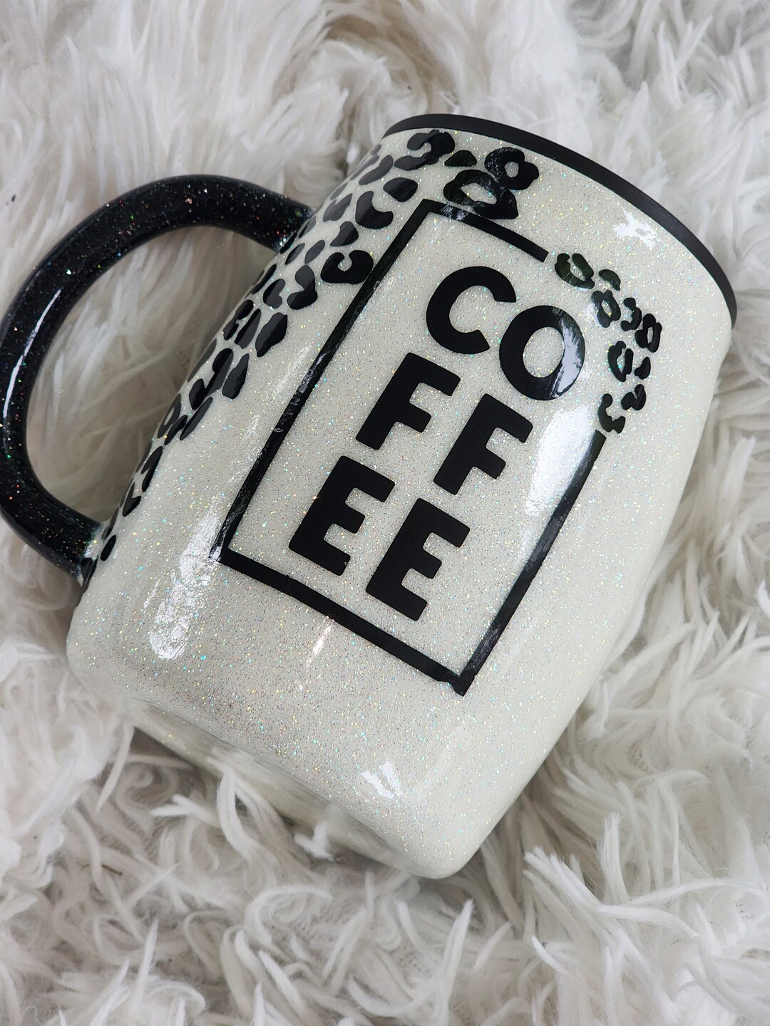 14 Oz White Glitter and Black Leopard Print Coffee Mug, Coffee Mug ...