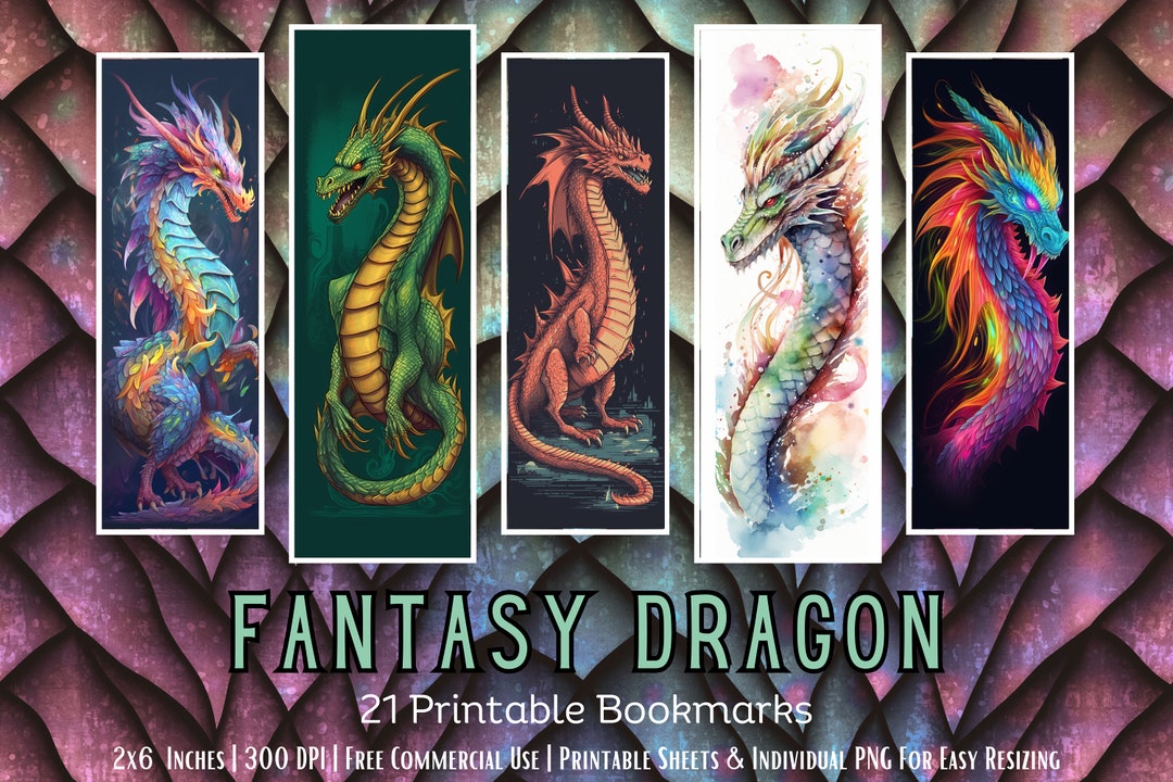 Fantasy Dragons Printable Bookmarks Bundle Digital Download PNG JPG ...